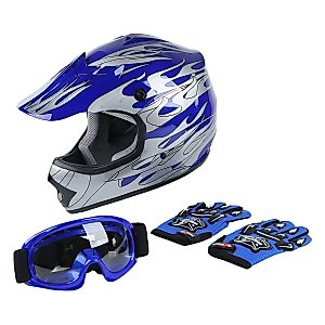 XFMT Youth Kids Motocross Offroad Street Dirt Bike Helmet Goggles Gloves ATV Mx Helmet Blue Flame L