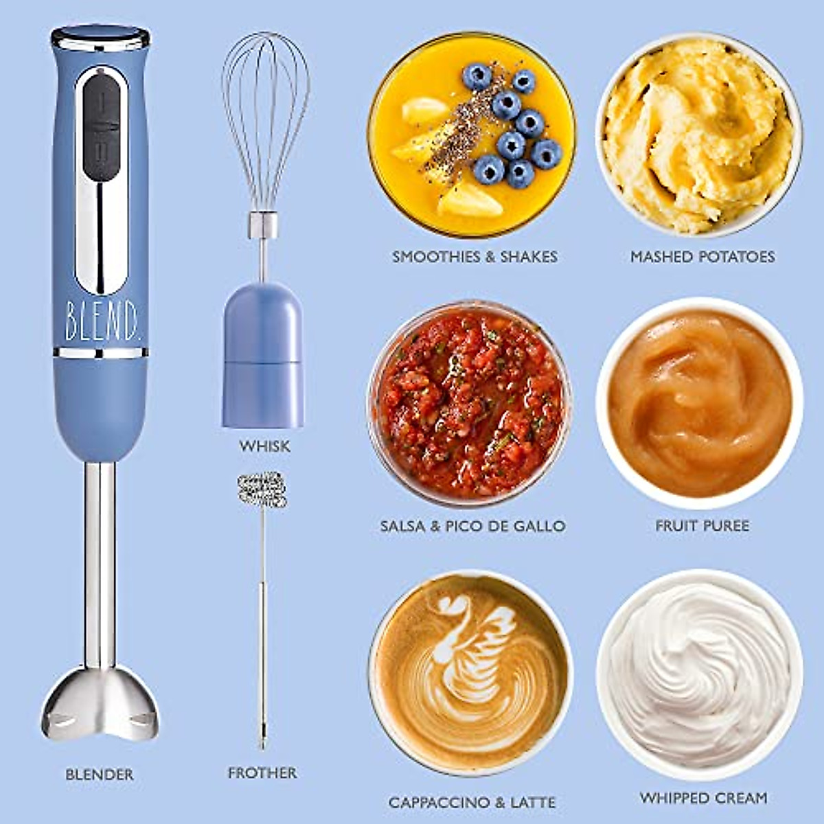 Rae Dunn Immersion Hand Blender- Handheld Immersion Blender with Egg Whisk and Milk Frother Attachments, 2 Speed Blender, 500 Watts, Stainless Steel Blade (Navy)