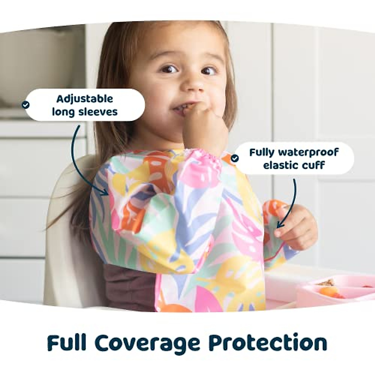 Tiny Twinkle Mess Proof Baby Bib, Cute Full Sleeve Bib Outfit, Waterproof Bibs for Toddlers, Machine Washable, Tug Proof Closure, Baby Smock for Eating, Long Sleeved (Pink Palm, Large 2-4 Years)