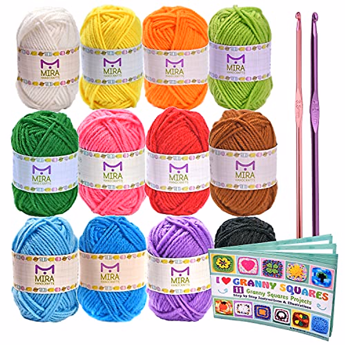 Mira Handcrafts 12 Acrylic Yarn Skeins, 2 Crochet Hooks and Real Project Book - Total 516 Yards Crafts Worsted Yarn – Ideal Starter Kit and Excellent for Mini Projects and Granny Squares