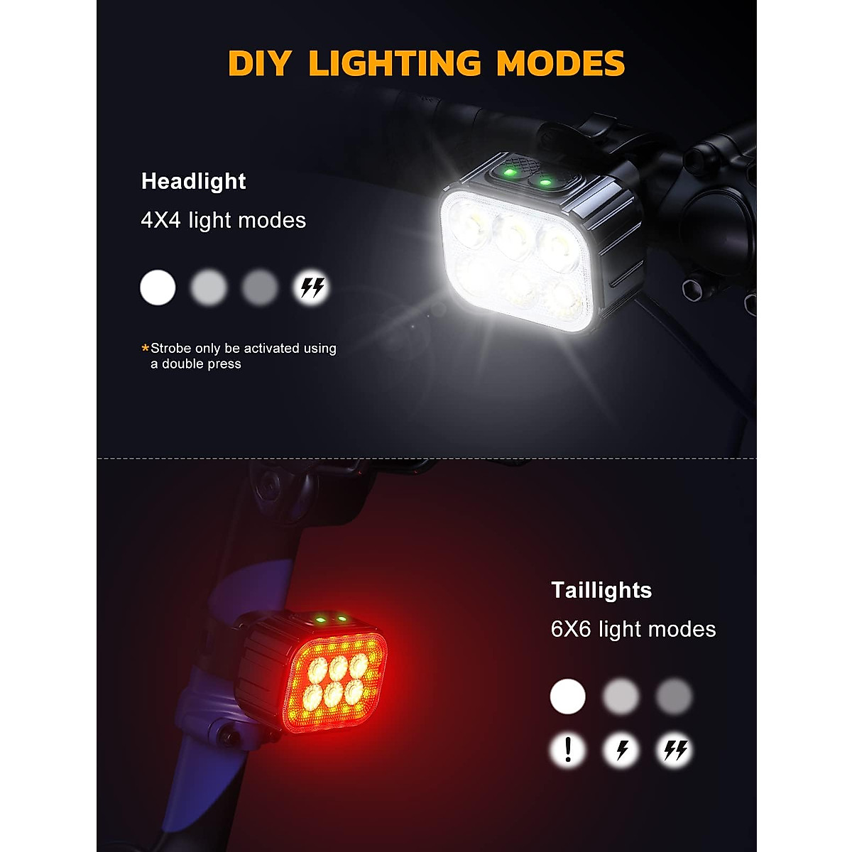 Bike Lights Set Ultra Bright, Cuvccn Bicycle Light Rechargeable with 6 Spot & Flood Beams, IP65 Waterproof Bike Lights for Night Riding, DIY 4X4 + 6X6 Modes Bike Headlight and Tail Light Reflectors