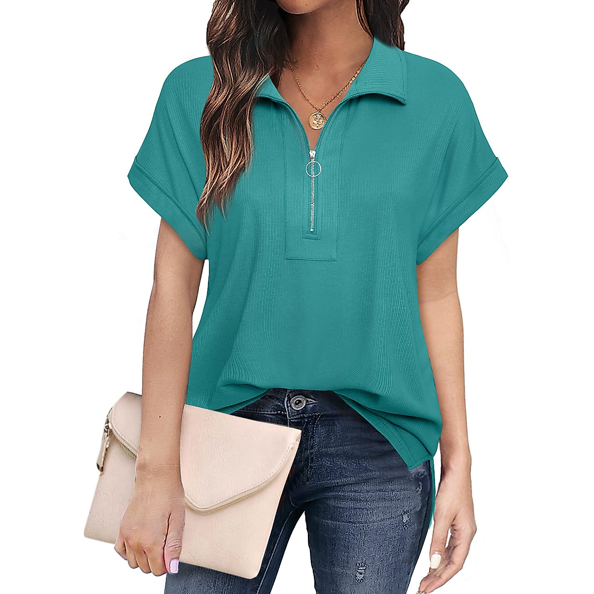 Vivilli Dressy Tops for Women Summer Blouses for Women 2024 Collared Shirt for Women Short Sleeve Shirts Womens Fashion Blouses Tops V Neck Drop Shoulder Polo Tee Shirts for Work Office Dark Green L