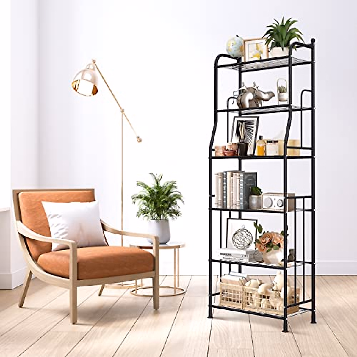 6 Tier Kitchen Shelf Organizer Bakers Rack with Storage, Upgrade Metal Standing Shelf Bookshelf Shelving Unit, Heavy Duty Pantry Shelves for Outdoor Indoor Bathroom Laundry Garage Living Room(Black)…