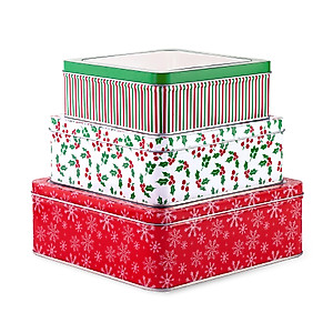 Steel Mill & Co Square Tin Containers with Lids, 3 Pack Christmas Cookie Tins, Festive Cookie Tins for Gift Giving & Holiday Treats, Metal Box Nesting Containers, Large Medium Small, Snowflake