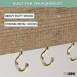 Ilyapa Wall Mounted Jewelry Organizer Shelf, Rustic Jewelry Wall Organizer, Brown Wooden Jewelry Hanger for Wall, Necklace Hanger, Earring and Bracelet Holder Rack, Wall Necklace Holder with Hooks