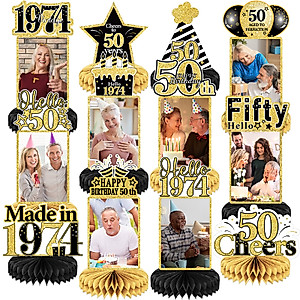 12Pcs 50th Birthday Decorations Honeycomb Centerpieces for Women Men Black Gold Vintage 1974 50th Bday Photo Table Centerpieces Party Supplies Cheers to 50 Year Old Bday Table Topper