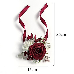 Saiiwnn 2pcs Wrist Corsage Women Bride Bridesmaid Hand Flower Wristlet Band Bracelet for Wedding Party Prom Artificial Flower Accessories Decorations (Burgundy)