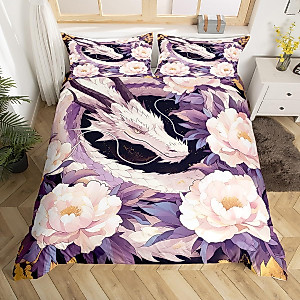 Manfei Dragon Exotic Bedding Set Twin Size,Wild Ancient Animal Purple Dragon Starry Duvet Cover with 1 Pillow,Artistic White Flowers Blooming Floral Quilt Cover(No Filler),2 Pcs