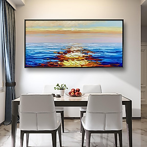 JENLLY Modern Wall Art 100% Hand-painted Oil Painting Sunrise Over the Sea Nature Picture Ready to Hang 24 * 48 Inch Canvas Wall Art for Living Room