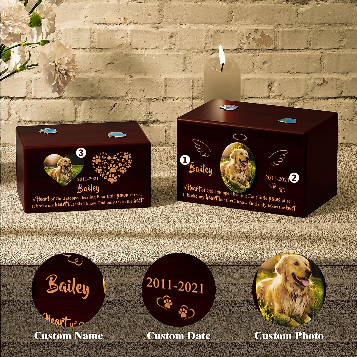 Bemaystar Pet Urns for Dogs Ashes - Custom Pet Ashes Keepsake Box, Personalized Pet Cremation Photo Urn, Wooden Pet Memorial Funeral Urns Box, Loss Pet Gift for Pet Lovers Medium 0-72lbs