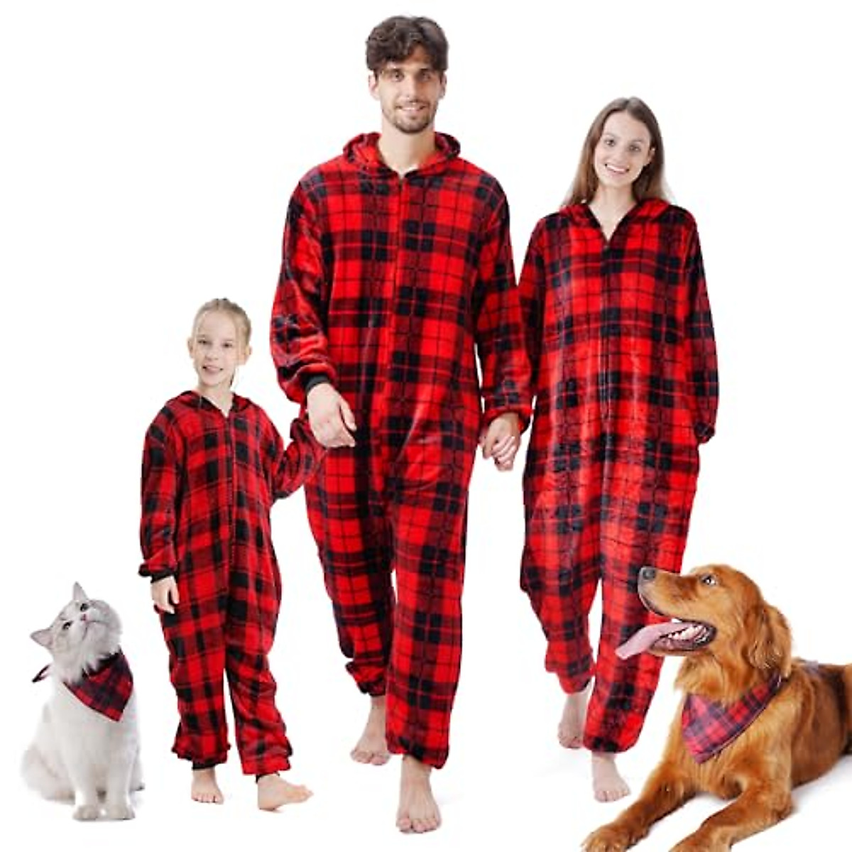 Seaforie Matching Pajamas for Couples,2024 Onesies Flannel Women's Pijamas,One-Piece Red Plaid Fleece Pjs for Men Family (Pet Small)