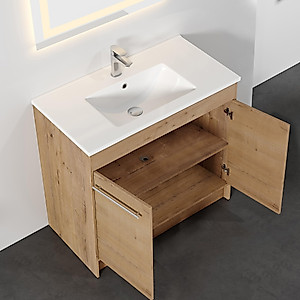 Dowell Oak Natural Bathroom Vanity with Ceramic Sink Combo, Modern Bathroom Cabinet with Soft-Close Door, Freestanding Single Bathroom Vanity Set (36 Inch)