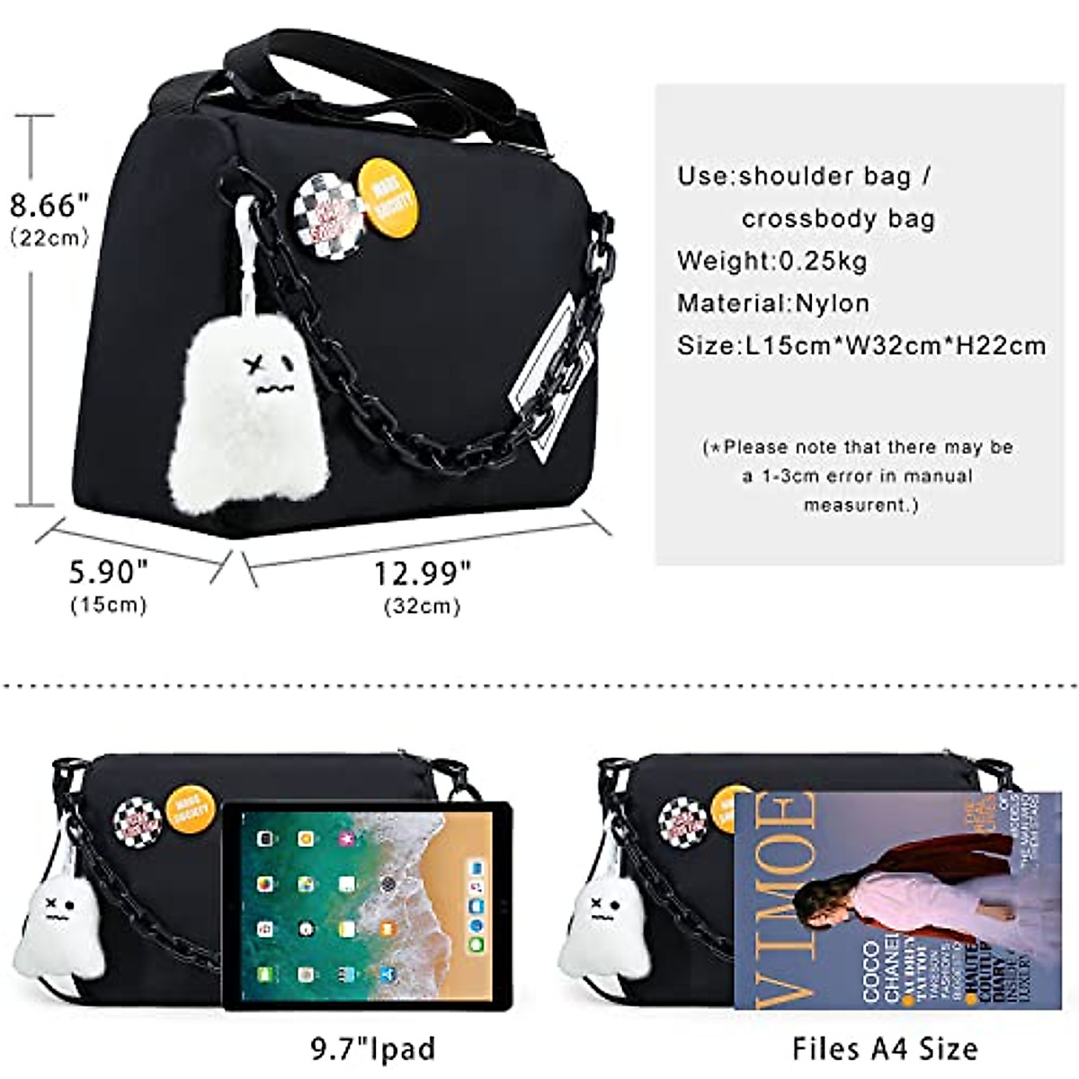 DOB SECHS Crossbody Purse Bag for Teen Girls Women Small Shoulder Hobo Bag Messenger Bag with Kawaii Pins and Pendent (Black - L)