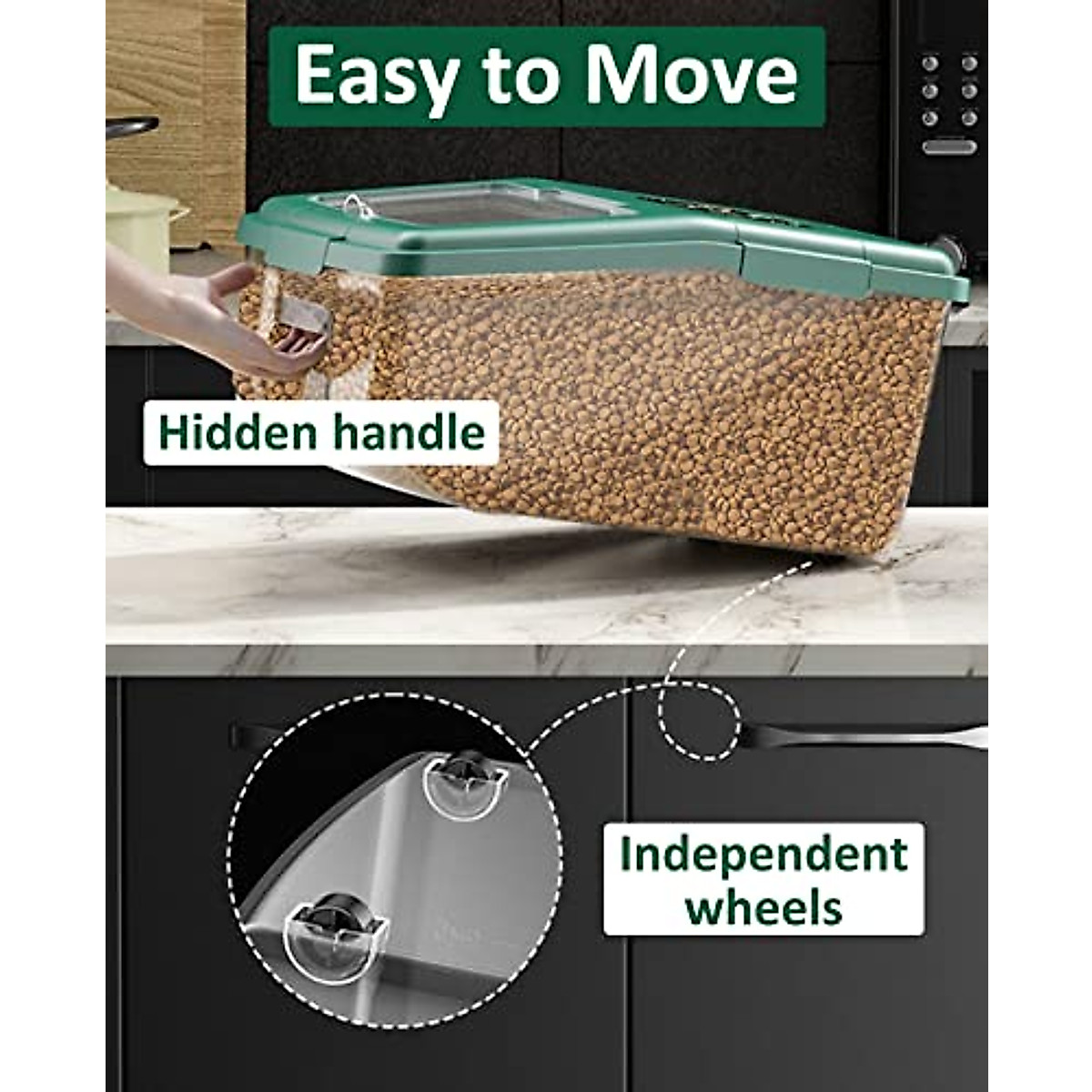 BNOSDM Airtight Cat Food Storage Container 8 lb Pet Dog Foods Storage Bins with Wheel Transparent Plastic Bulk Dry Feed Dispenser Measuring Cup, Seal Locking Lid Rice Cereal Flour