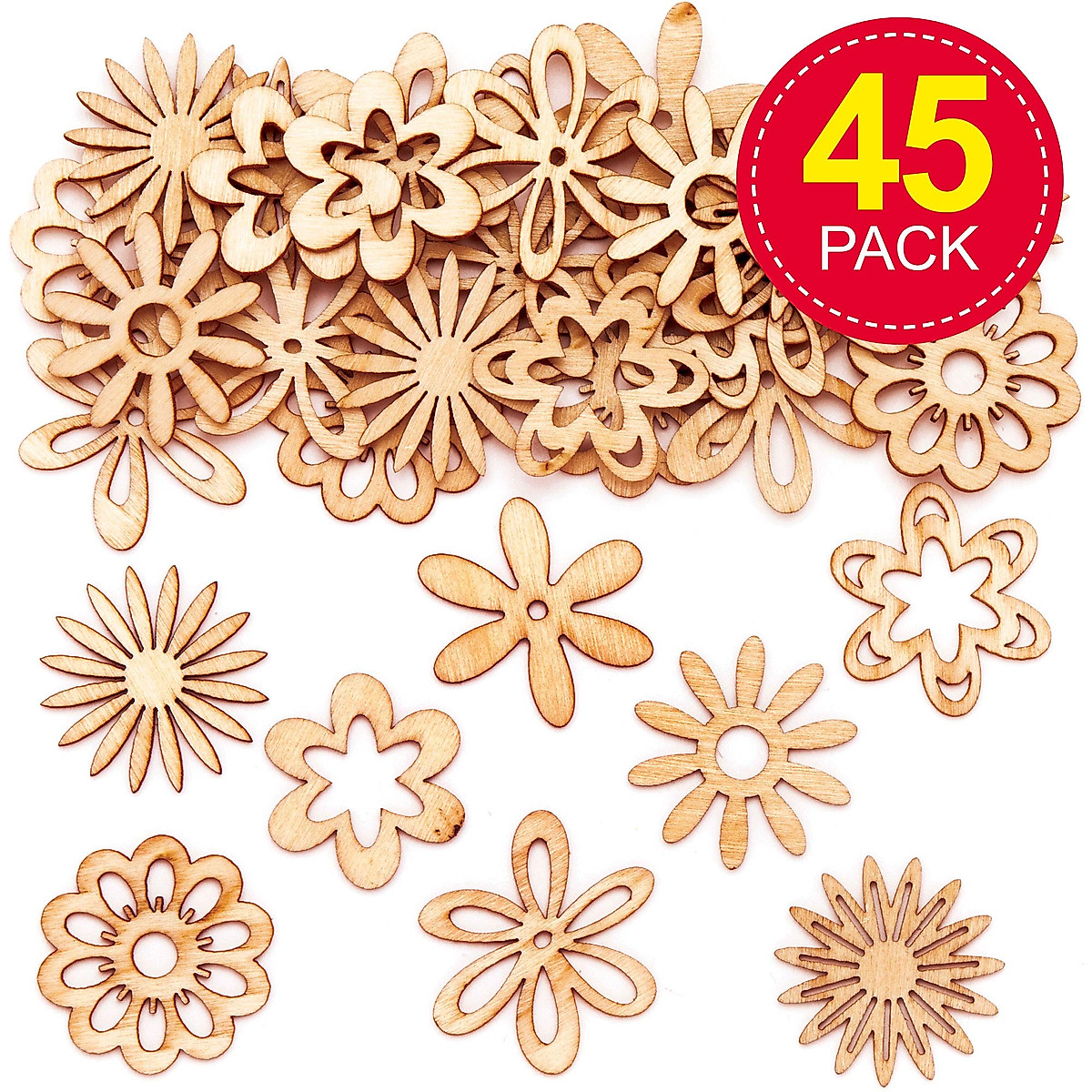 Baker Ross AT474 Flower Mini Wooden Shapes - Pack of 45, Woodcrafts for Kids to Design, Paint, Decorate and Then Use