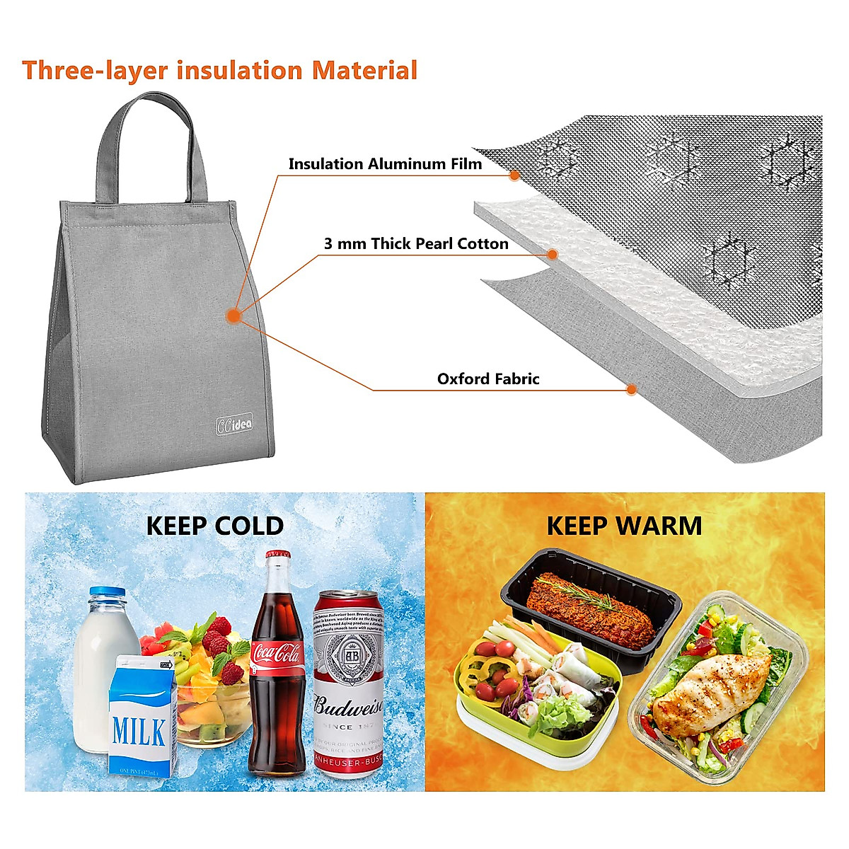 CCidea Lunch Bag for Women Men,Simple Insulated Lunch Box,Reusable Lunch Boxes for Office Work Travel(Grey with Velcro)