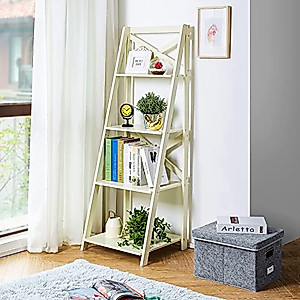 ZENODDLY Ladder Shelf White Ladder Bookshelf, 56.3in Tall Standing Ladder Shelves for Living Room Bathroom Furniture Bedroom Display Shelf, Wooden Leaning Bookshelf Ladder Bookcase Plant Shelf Indoor