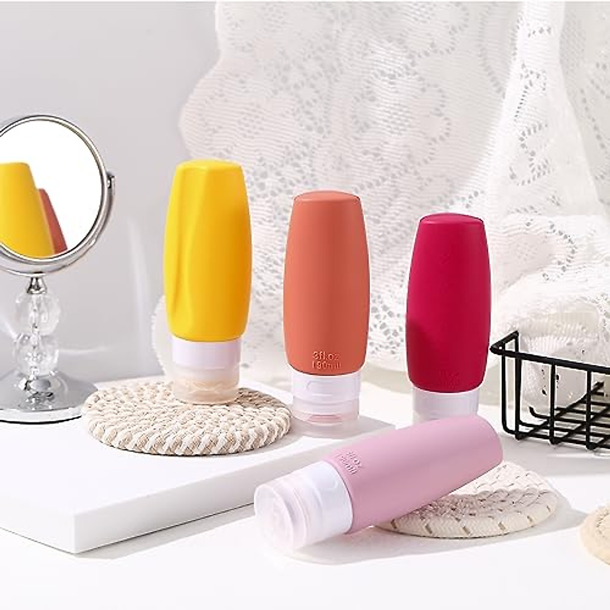 LIYUABU Silicone Travel Bottles for Toiletries,Tsa Approved 3oz Portable Refillable Travel Bottles,Leak Proof BPA Free Squeezable Travel Size Containers Accessories with Toiletry Bag（4Pack Red）