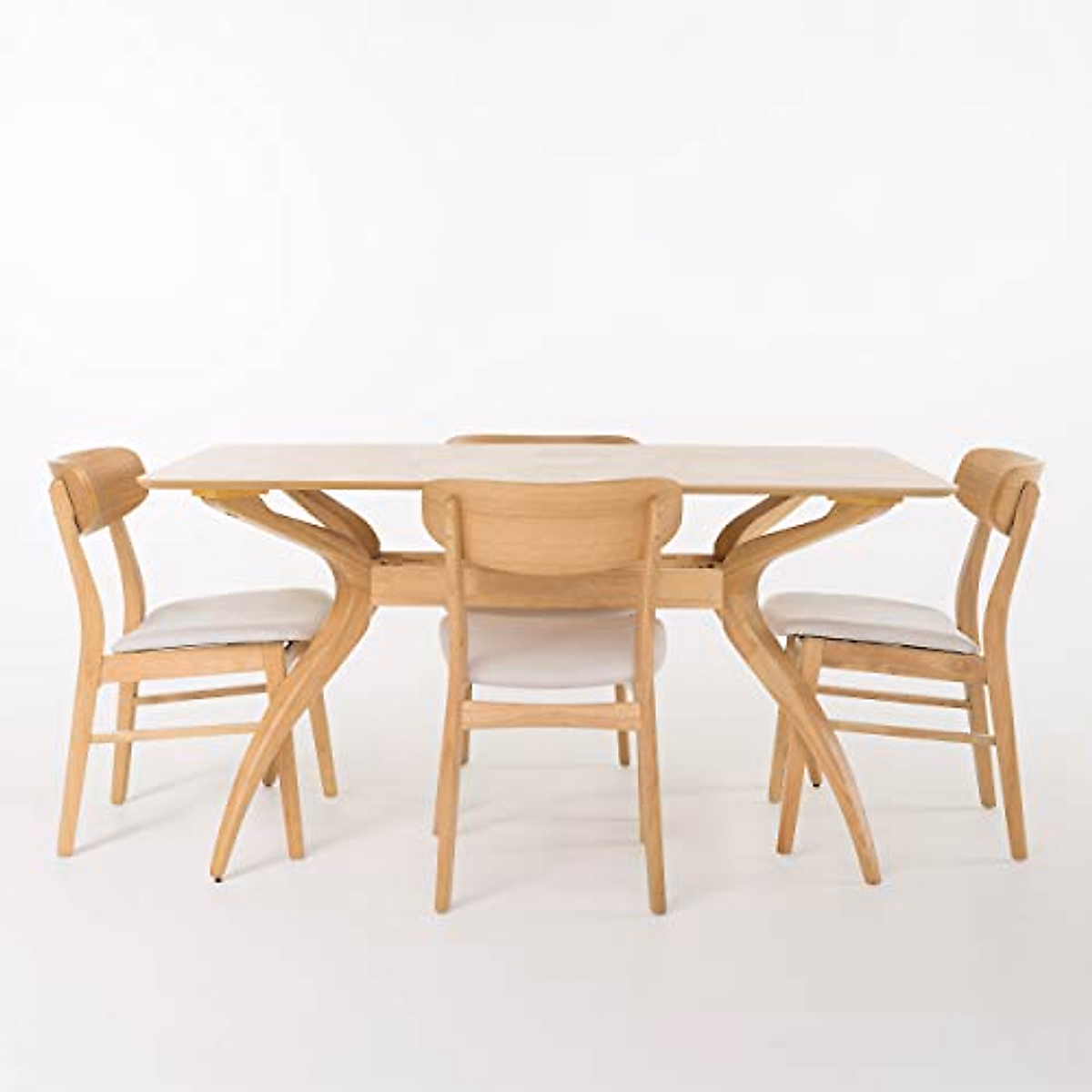 Christopher Knight Home Lucious Curved Leg Rectangular Dining Set, 5-Pcs Set, Natural Oak / Light Beige