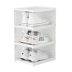 PETIMETI Shoe Organizer Shoe Storage Boxes,Stackable Plastic Shoe Organizer for Closet with Clear Door, Space Saving and Easy Installation Foldable Shoe Sneaker Containers in X-Large Size(3 Pack)
