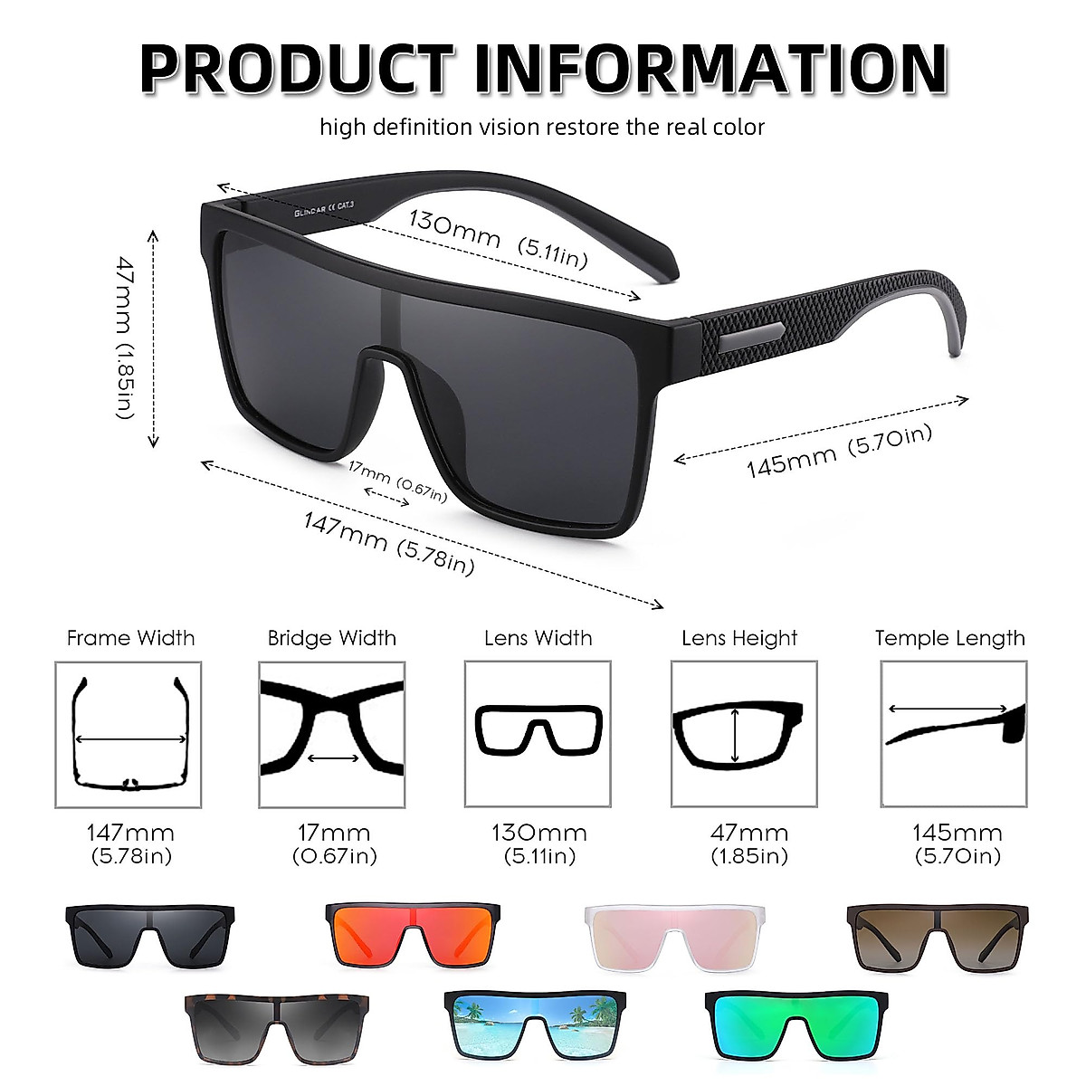 GLINDAR Polarized Shield Sunglasses for Men Square Flat Top Sports Glasses Black Frame/Grey Lens