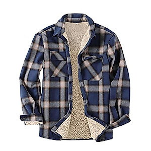 WUAI-Men Casual Sherpa Fleece Lined Plaid Flannel Shirts Jackets Heavyweight Thermal Button Up Winter Work Coat Outwear(Navy,X-Large)