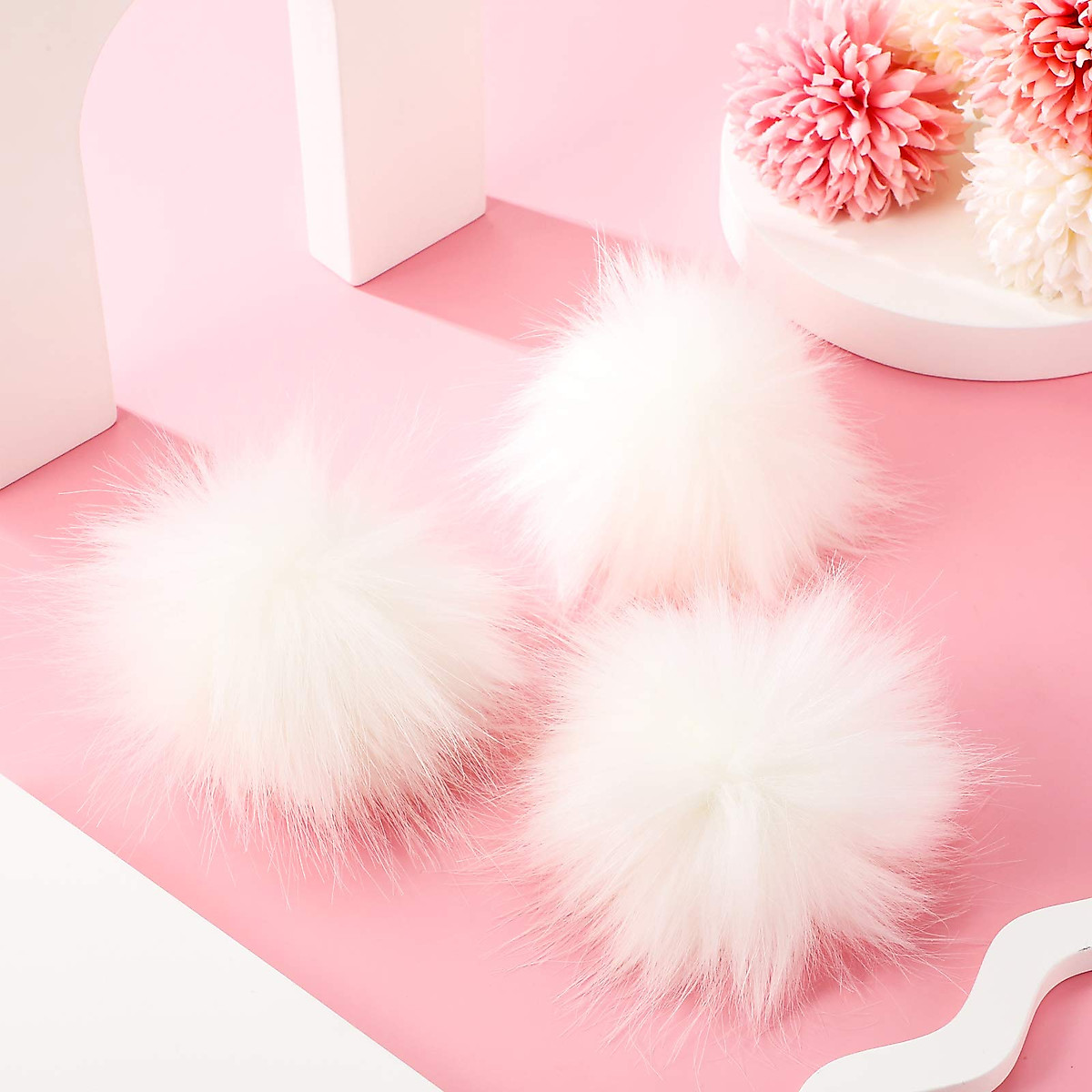 WILLBOND 24 Pcs White Faux Fur Pom Poms for Hats Faux Fluffy Pom Pom Balls with Elastic Loop 3.15" DIY Knitting Hat Pompoms for Keychains Shoes Scarves Bags Charms Crafts Accessories
