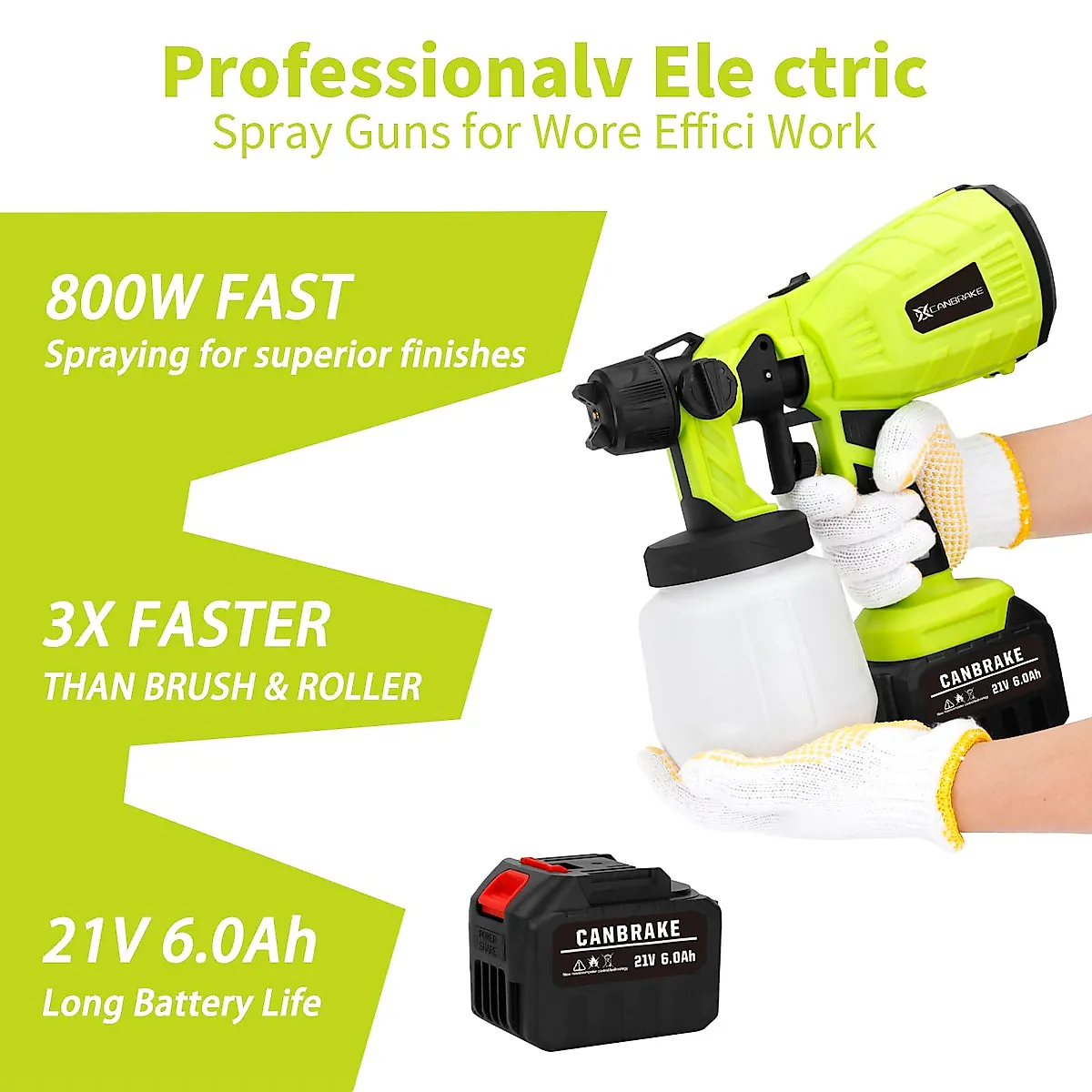 Canbrake CANBRAKE Cordless Paint Sprayer, 21V 6.0Ah Battery Operated HVLP Electric Paint Gun with 5 Copper Spouts & 3 Patterns & 1000ML Container, 800W High Power Airless Paint Sprayer for Home DIY