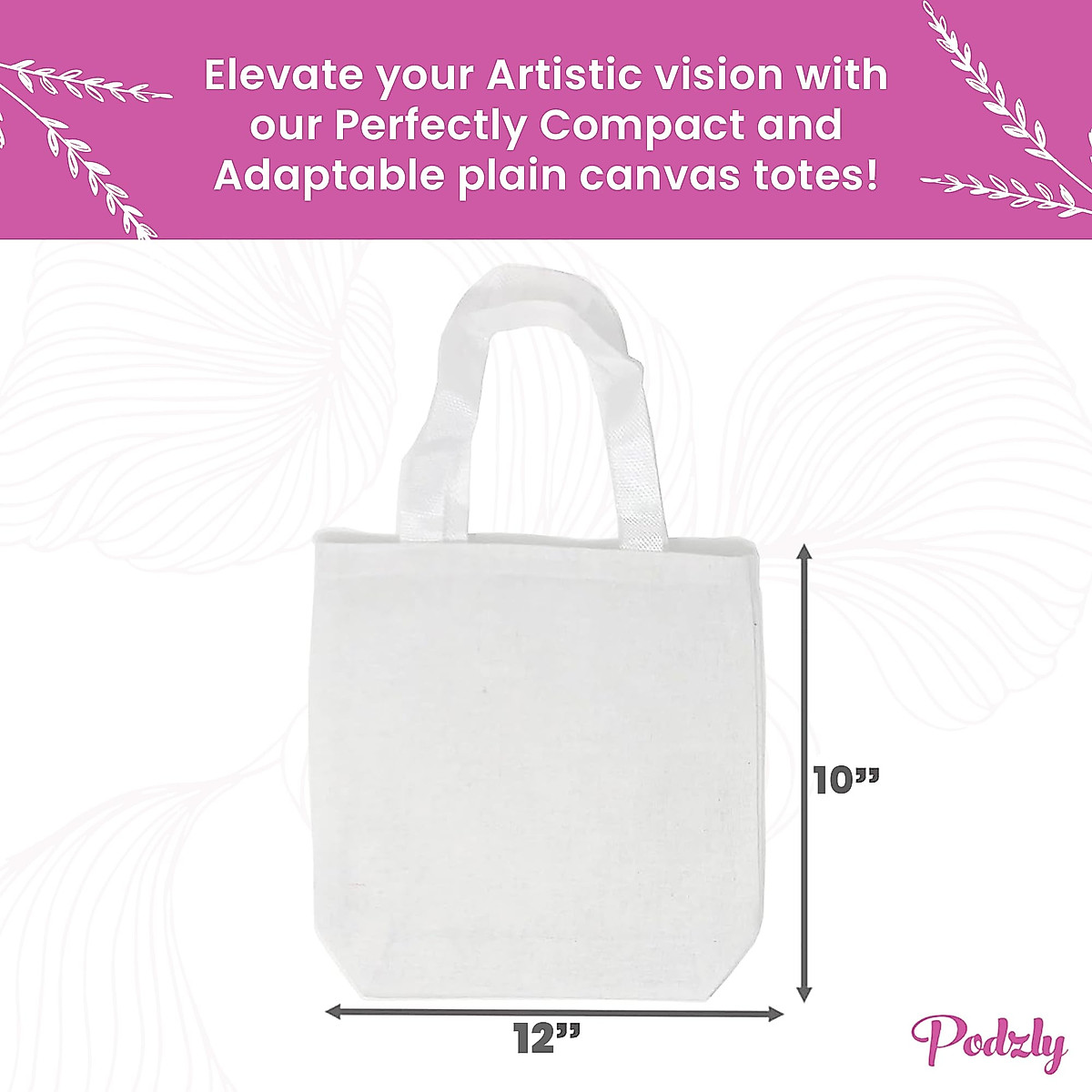 Podzly DIY Blank Canvas Tote Bags - Set of 12 Small 12" x 10" White Plain Totes for Crafting, Decorating, and Personalizing - Unleash Your Creativity with Premium Quality, Compact Design