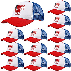 Jeyiour 12 Pcs Patriotic American Flag Hat 4th of July Baseball Cap Adjustable Trucker Hat Mesh Cotton Cap for Men Women (Blue, Red,USA)
