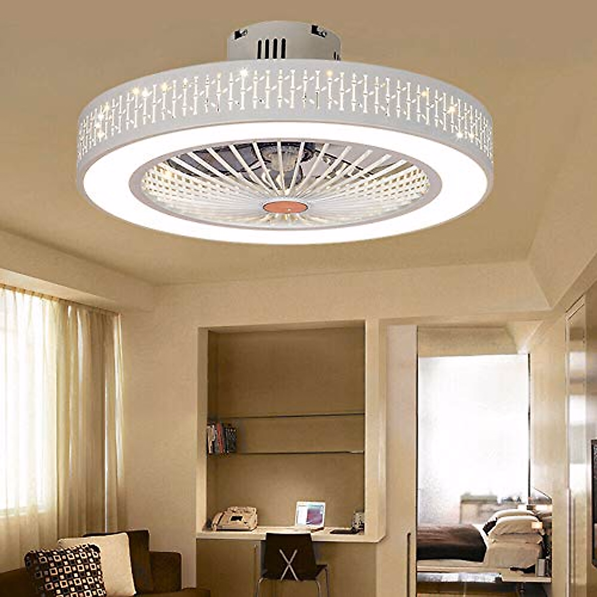 22'' Modern LED Invisible Ceiling Fan with light 3-Color 3-Speed 64W 7 Acrylic Blades Round Enclosed Chandelier Fan with Remote Control Semi Flush Mount Quiet for Bedroom Living Room (Bamboo leaf)