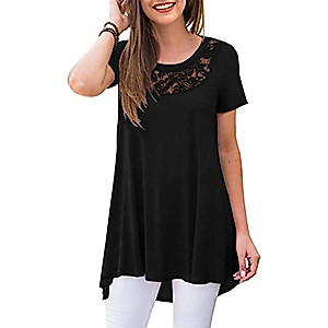 POPYOUNG Women's Summer Short Sleeve T-Shirt Casual Lace Neck Tunic Tops for Leggings Loose Blouse XL, Black