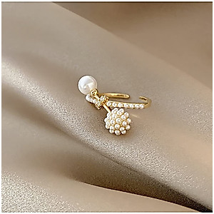 Cute Pearl Statement Ring for Women Girls Gold Plated Faux Pearls Ball Beaded Barbell Expandable Adjustable Open Wrap Rings Comfort Fit Lovely Birthday Christmas Wedding Jewelry