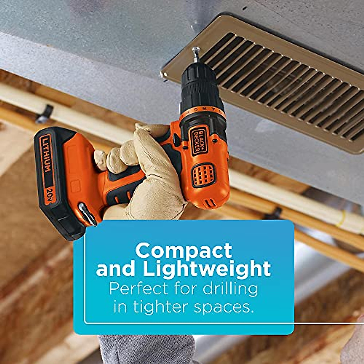 BLACK+DECKER 20V MAX Cordless Drill and Driver, 3/8 Inch, With LED Work Light, Battery and Charger Included (LDX120C)
