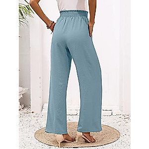 Heymoments Women's Wide Leg Lounge Pants with Pockets Blue Gray Medium Lightweight High Waisted Adjustable Tie Knot Loose Comfy Casual Trousers