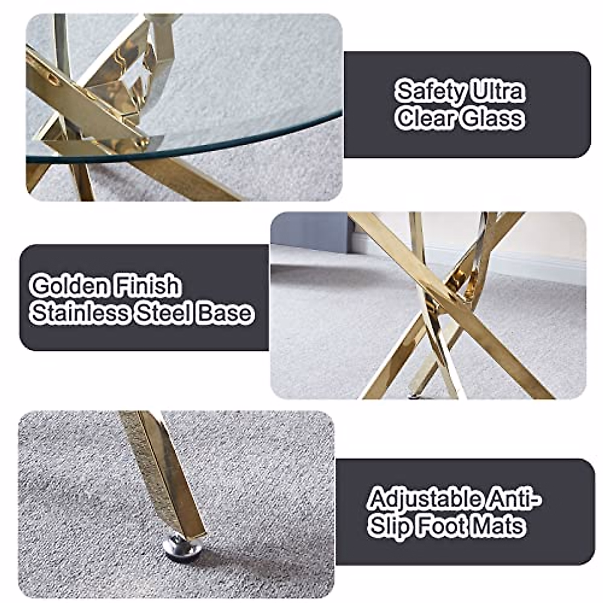 39" Round Dining Table for 6, Glass Kitchen & Dining Room Tables, Modern Circle Dining Room Table with 0.39" Tempered Glass Tabletop and Cross Stainless Steel Legs for Dinner Small Spaces (Gold Leg)