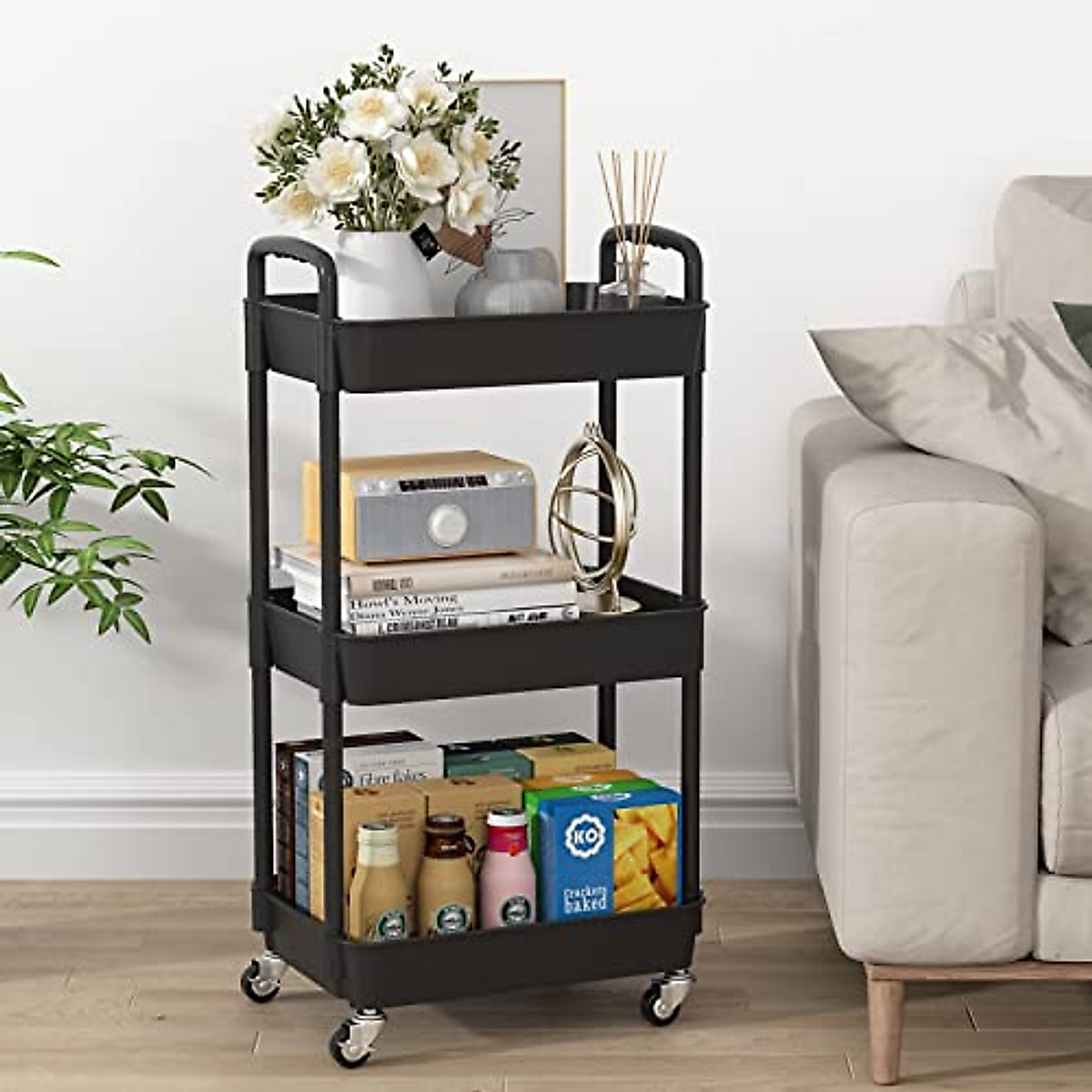 JIUYOTREE 3-Tier Rolling Storage Cart Utility Cart with Lockable Wheels for Living Room Bathroom Kitchen Office Black