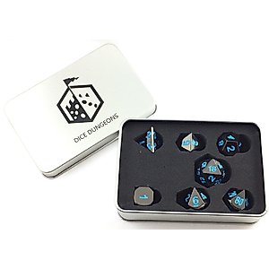 Dice Dungeons Black Frost Metal 7pc Dice Set with Display Case for D&D and Other RPGs