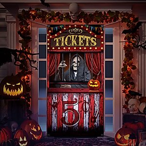 Halloween Evil Circus Door Cover Circus Theme Bloody Scary Backdrop Banner Party Decoration, Carnival Photo Door Banner Ticket Booth Backdrop Props, Large Door Banner Hanging Background 71 x 35 Inch