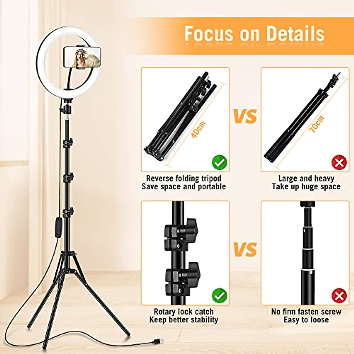 10" Ring Light with 57" Floor/7" Desk Stand and 2 Phone Holders, Selfie Ring Light for Computer/Phone/Laptop/Webcam