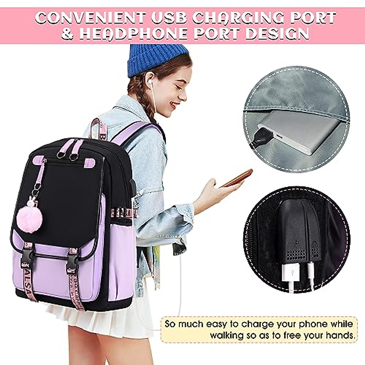 Bevalsa School Backpack for Girls, Girls Backpack with Lunch Box, Bookbag for Girls Kids Elementary Middle High School College Student 21L Casual Daypack Children Schoolbag with USB Charging Port (Purple)