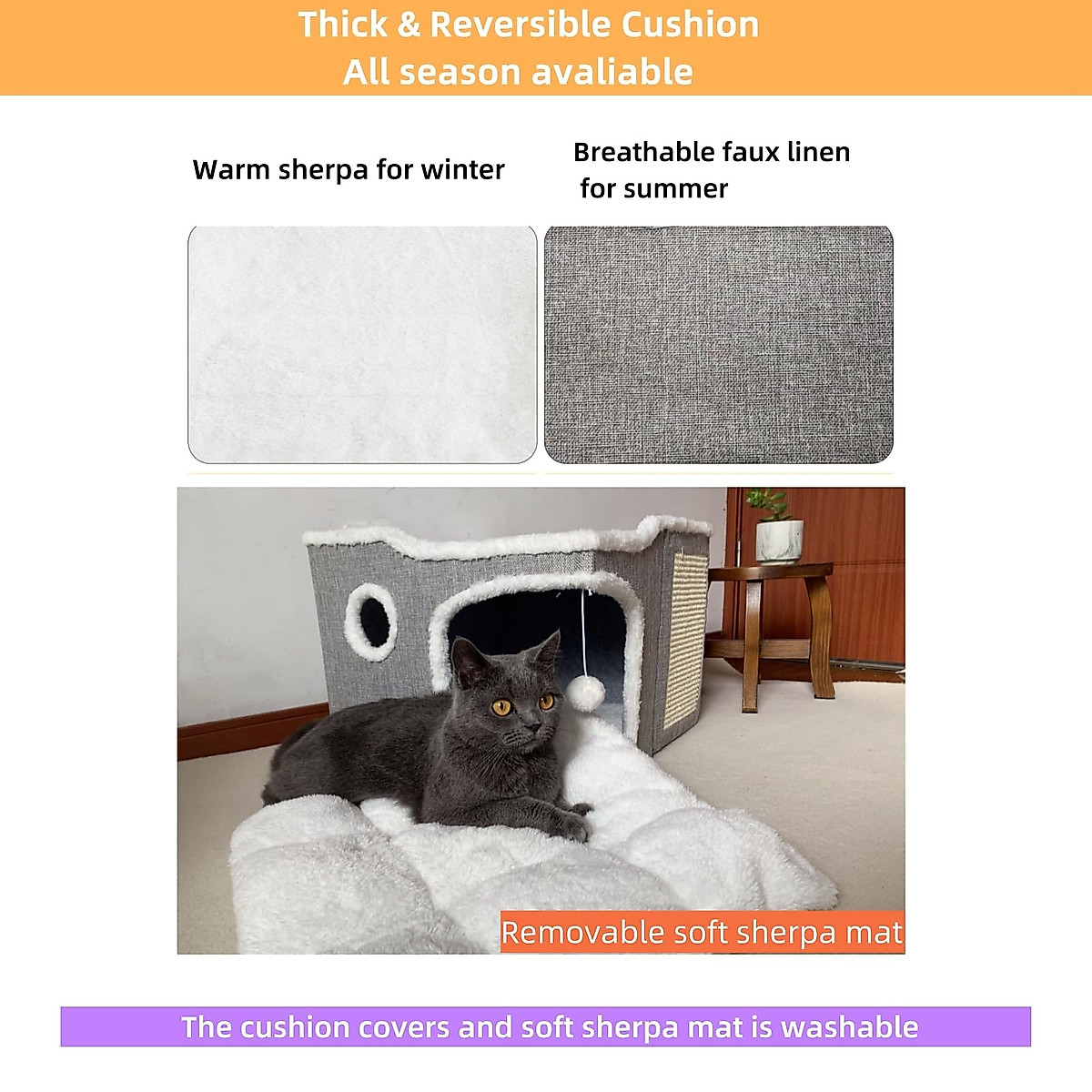 Heerduos Cat Bed for Indoor Cats,Covered Cat Cave House & Furniture with Scratch Pad,Foldable Cat Hideaway Hut Cute Cat Condo with Soft Washable Mat for Multi Small Pet Under 30 lbs,Light Grey