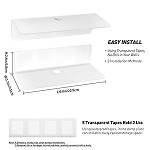 OAPRIRE Acrylic Floating Shelves Set of 2 - Damage Free Expand Wall Space - 9 Inch Adhesive Shelf for Bedroom, Bathroom, Kitchen, Shelves for Wall Decor with Cable Clips (Frosted)