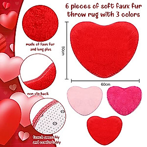 Nuogo 6 Pieces Valentine's Day Bathroom Rug Heart Shaped Fluffy Faux Area Rug 20 x 24 Inch Plush Fur Room Mat for Valentine's Day Home Living Room Bedroom Sofa Floor, Pink, Red, Rose Red