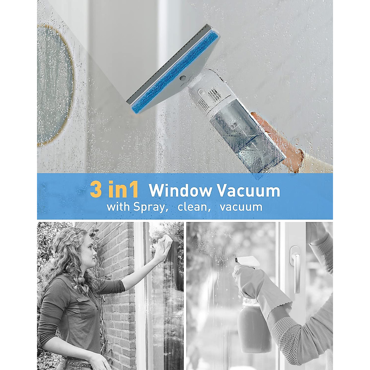 Window Vacuum Squeegee, Cordless Window Vacuum 3 in 1 Window Vac Window Vacuum Cleaning Tool with 260ml Water Tank for Glass Doors Shower Car Window Mirror