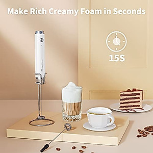 Maestri House Rechargeable Milk Frother, Handheld Electric Foam Maker Waterproof Detachable Stainless Steel Whisk Drink Mixer Foamer with Stand, 2 Whisks for Lattes, Cappuccino (White)