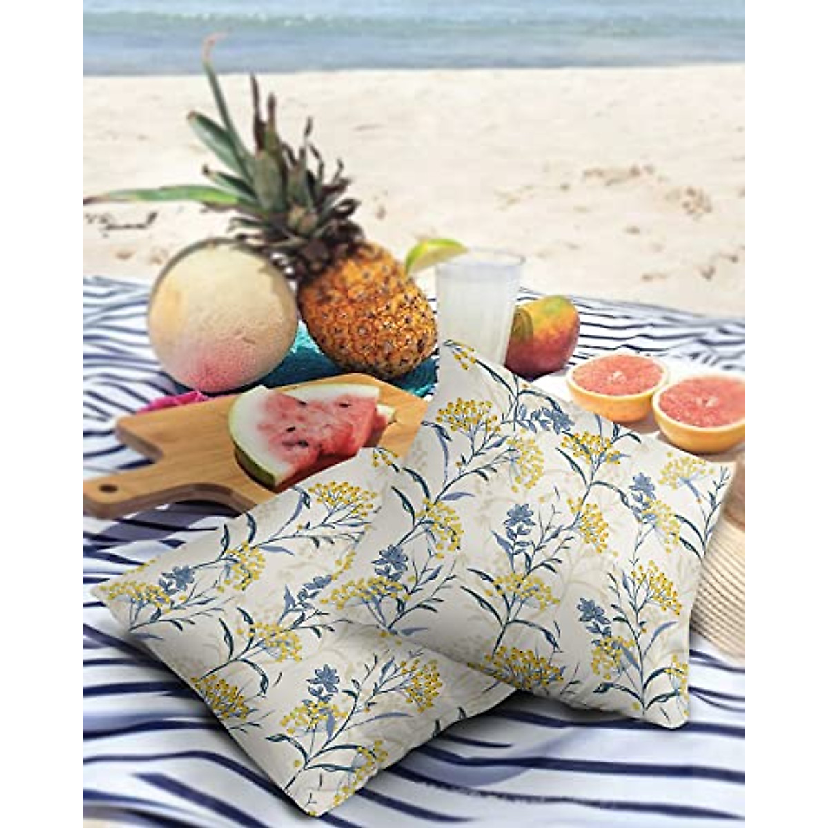 Outdoor Throw Pillow Cover Farmhouse Yellow Berry Blue Plant Waterproof Cushion Covers 2 Pack Boho Botanical on Beige Pillow Cases Home Decoration for Patio Garden Couch Sofa