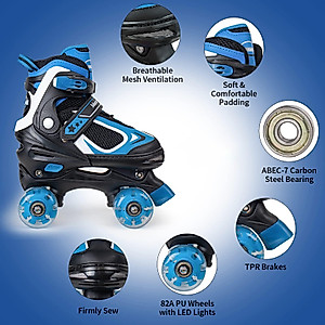 MammyGol Roller Skates for Boys Girls, 4 Sizes Adjustable Quad Skates for Kids with All Light up Wheels, Full Protection for Toddler's Indoor and Outdoor Play Blue Size 10C 11C 12C 13C