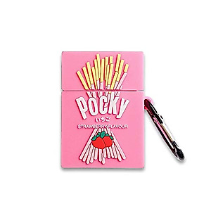Ultra Thick Soft Silicone Strawberry Flavour Biscuits Case with Hook for Apple Airpods 1 2 Air Pods Wireless Earbuds Protective 3D Cartoon Japanese Pink Color Fun Kids Teens Girls Daughter