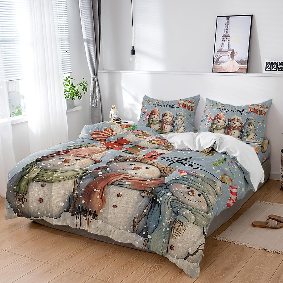Christmas Snowman Winter Snowflakes Duvet Cover Sets 4 Piece Full Ultra Soft Bed Quilt Cover Set for Kids/Teens/Women/Men,Xmas Stocking Retro Linen Blue Bedding Collection All Season Use